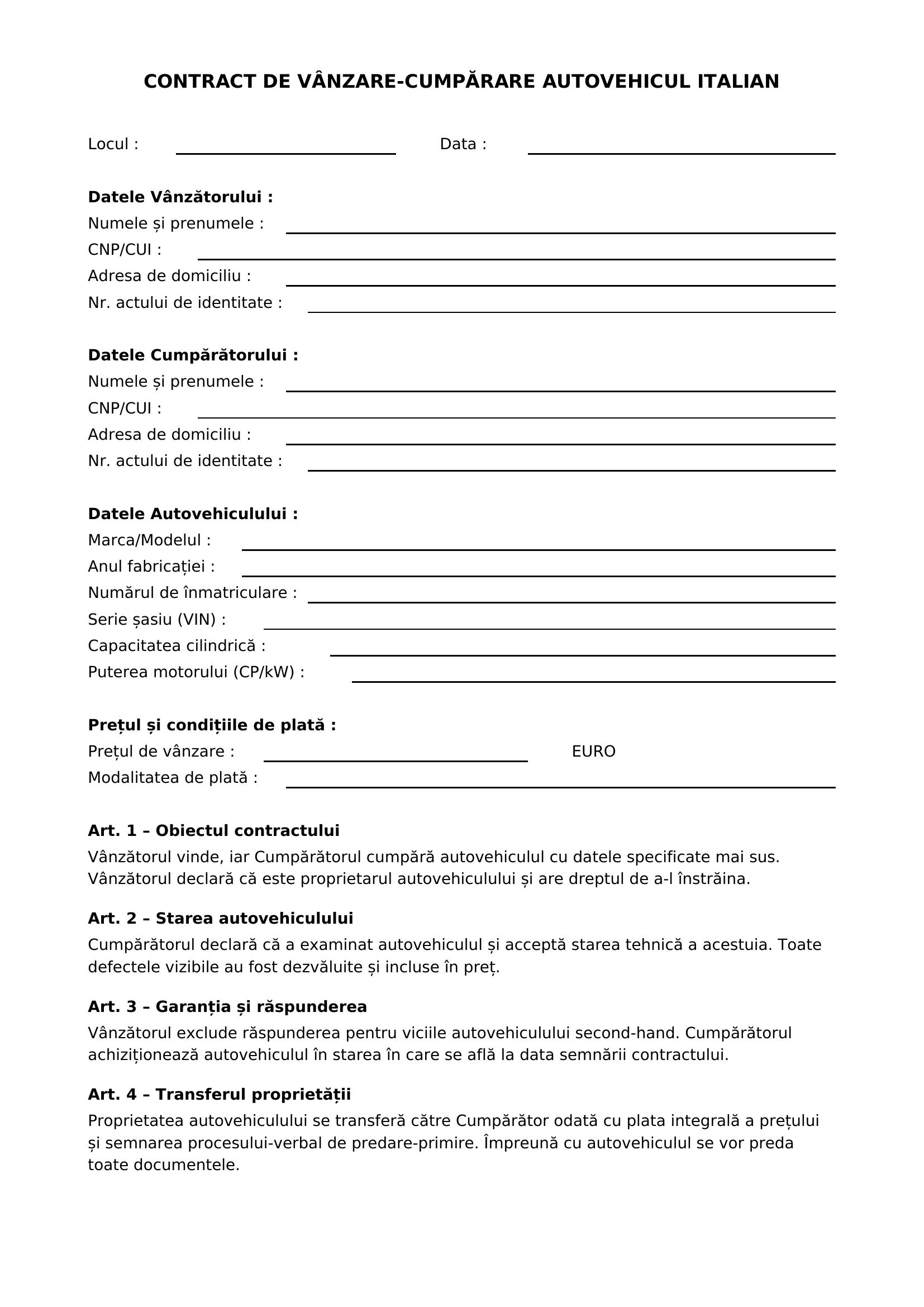 Contract Vanzare Cumparare Auto Italia
