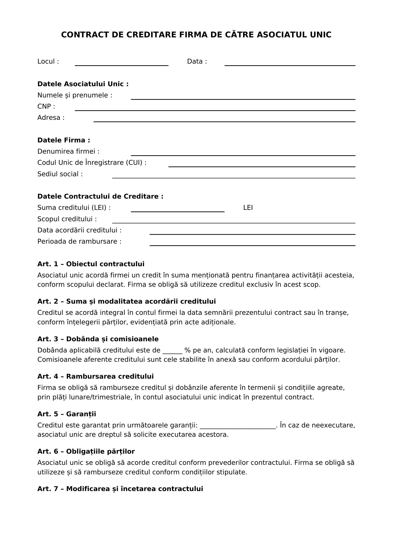 Model Contract Creditare Firma De Catre Asociat Unic