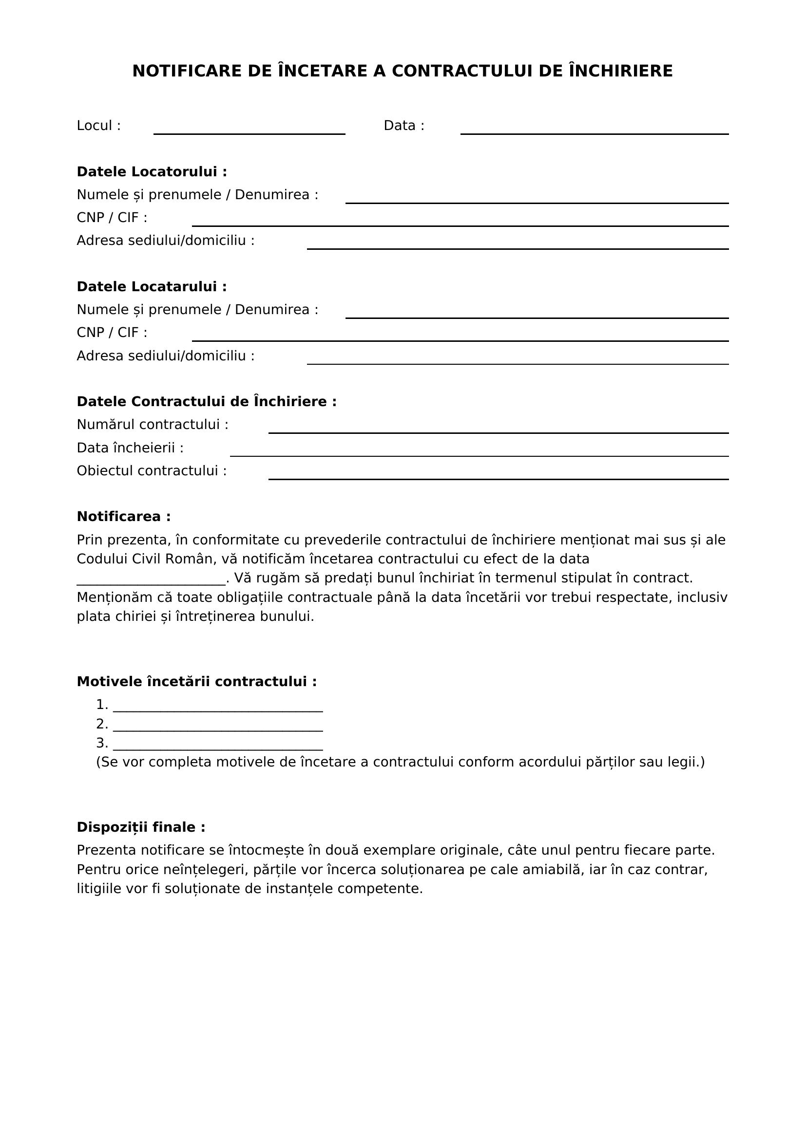 Notificare Incetare Contract Inchiriere